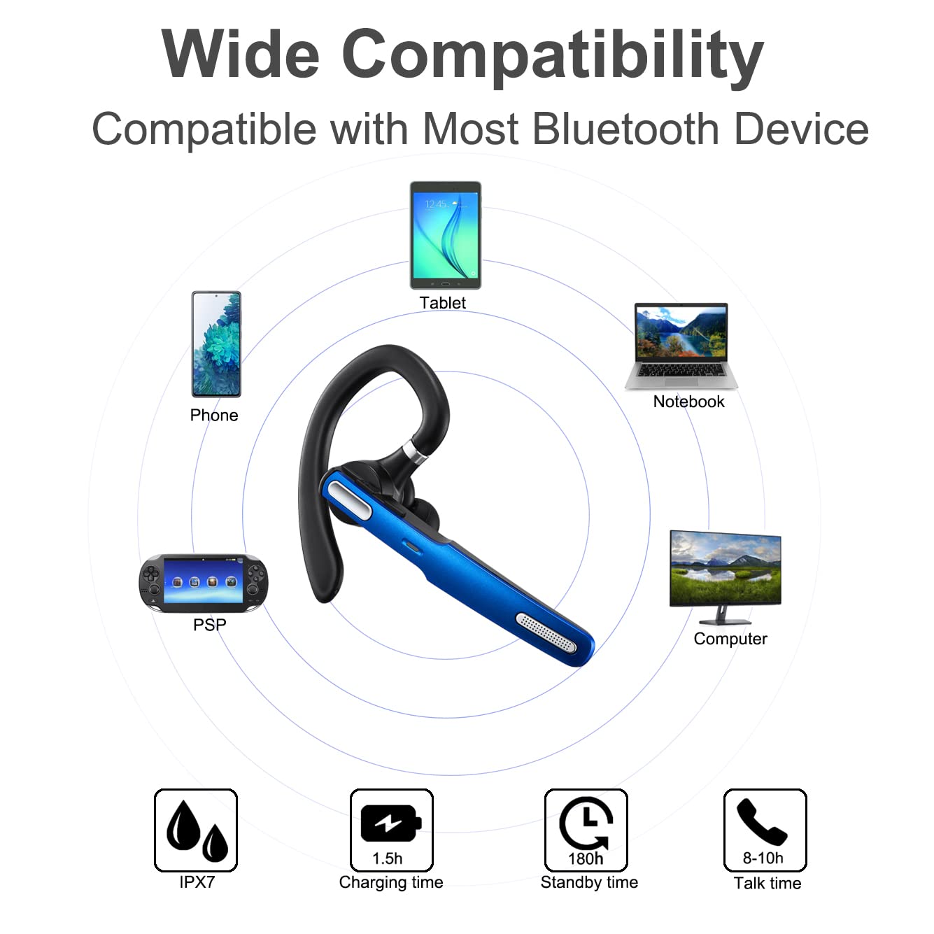 COMEXION Bluetooth Headset, Wireless Bluetooth Earpiece V5.0 Hands-Free Earphones with Stereo Noise Canceling Mic, Compatible iPhone Android Cell Phones Driving/Business/Office