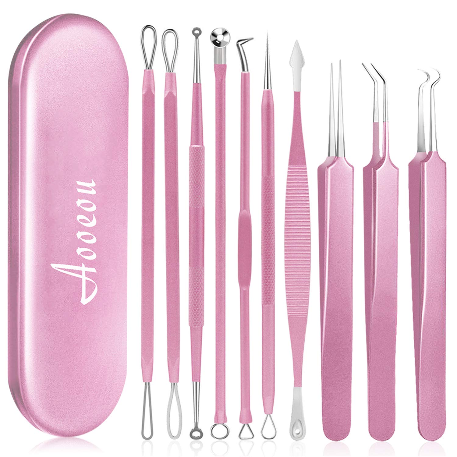 Blackhead Remover Tool, Aooeou 10Pcs Professional Pimple Popper Tool Kit - Easy Removal for Whitehead Popping, Zit Removing for Risk Free Nose Face, Anti-Slip Coating Handle(Pink)