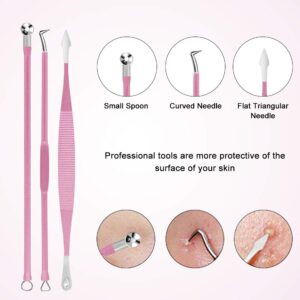 Blackhead Remover Tool, Aooeou 10Pcs Professional Pimple Popper Tool Kit - Easy Removal for Whitehead Popping, Zit Removing for Risk Free Nose Face, Anti-Slip Coating Handle(Pink)