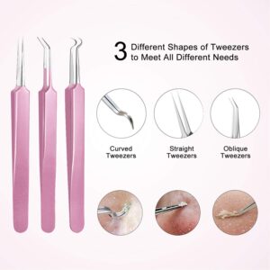 Blackhead Remover Tool, Aooeou 10Pcs Professional Pimple Popper Tool Kit - Easy Removal for Whitehead Popping, Zit Removing for Risk Free Nose Face, Anti-Slip Coating Handle(Pink)