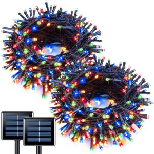 jmexsuss 2 pack solar string light 100led 32.8ft 8 modes solar christmas lights waterproof for gardens, wedding, party, homes, christmas tree, curtains, outdoors (multicolor)