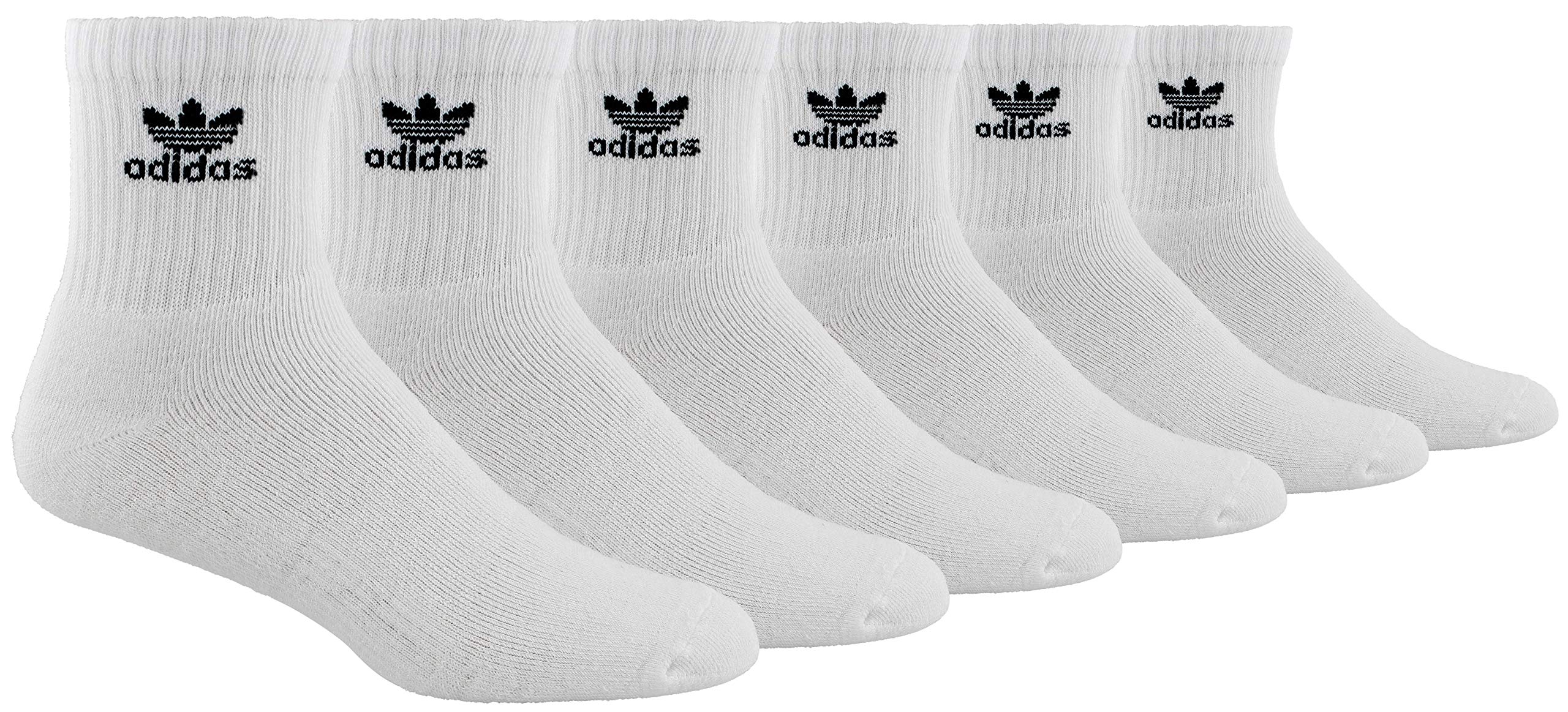 adidas Men's Athletic Moisture Wicking Cushioned Quarter-Cut TREFOIL Logo Socks 6-Pack/ 6-Pair (Shoe Size 6-12) WHITE