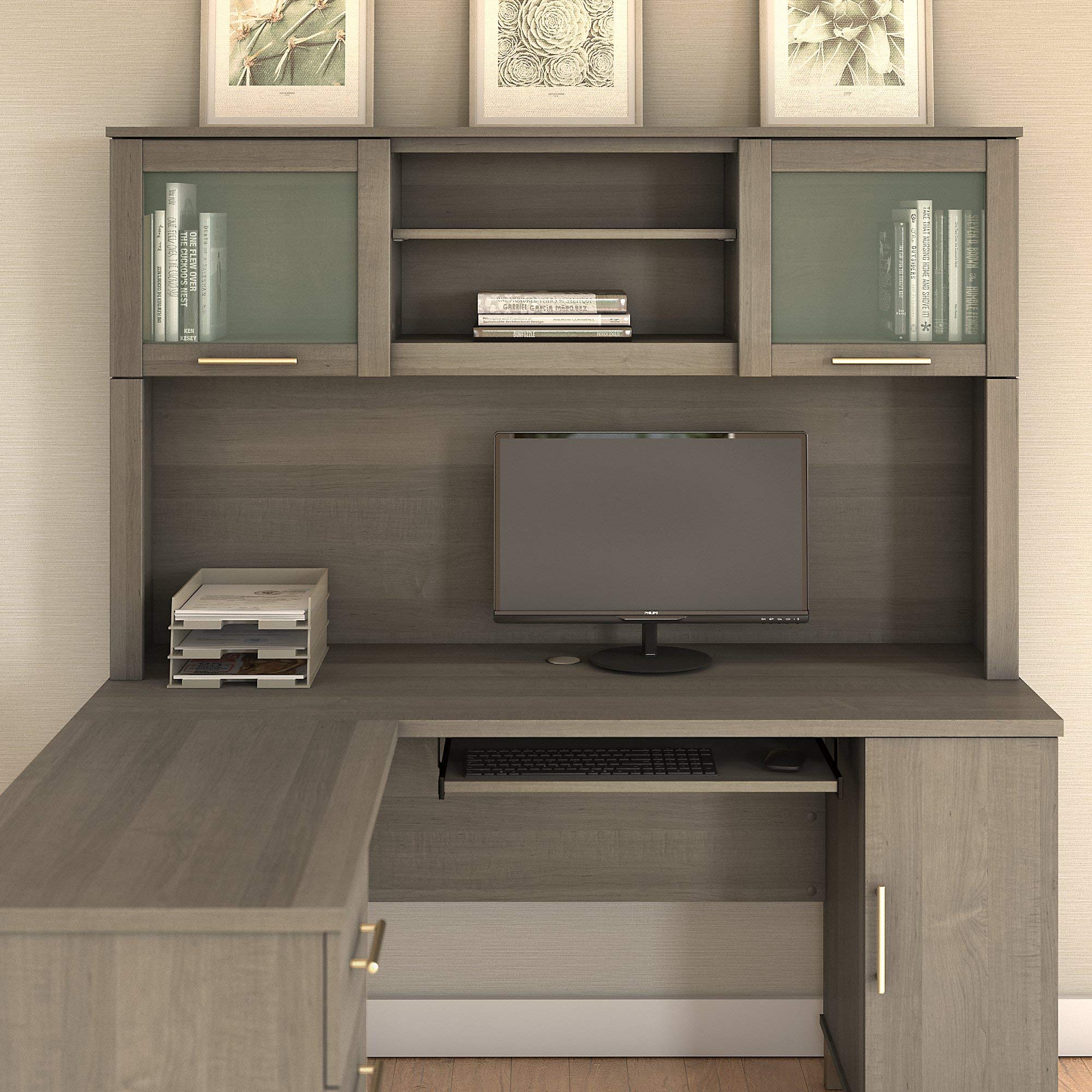 Bush Furniture Somerset 60W Desk Hutch in Ash Gray, Attachment with Shelves and Cabinets for Home Office