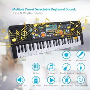 Pyle Digital Electronic Musical Keyboard-Kids Learning Keyboard 49 Keys Portable Electric Piano w/Drum Pad,Recording,Rechargeable Battery,Microphone-Pyle PKBRD4112 Black