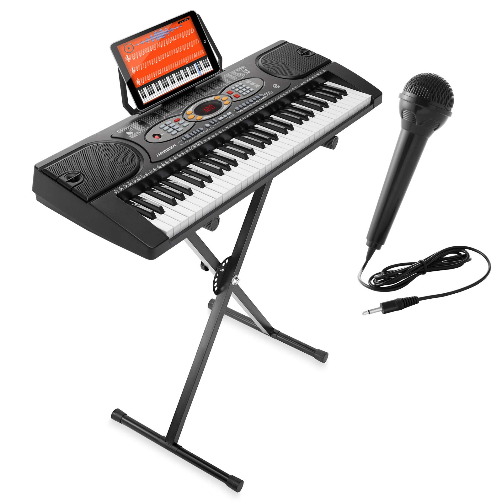 Hamzer 61-Key Electronic Keyboard Portable Digital Music Piano with X-Stand, Microphone & Sticker Set