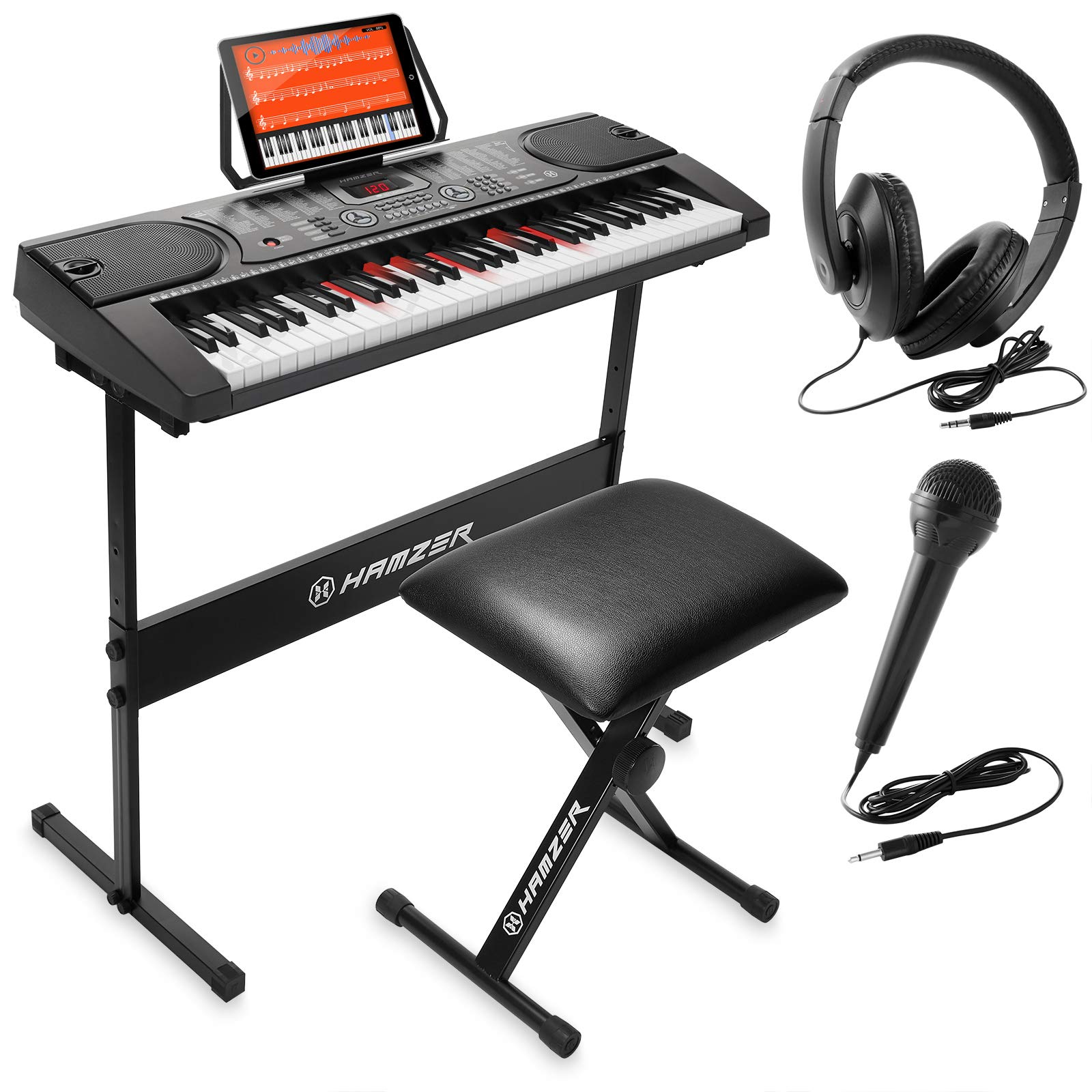 Hamzer 61-Key Electronic Keyboard Portable Digital Music Piano with Lighted Keys, H-Stand, Stool, Headphones, Microphone, & Sticker Set