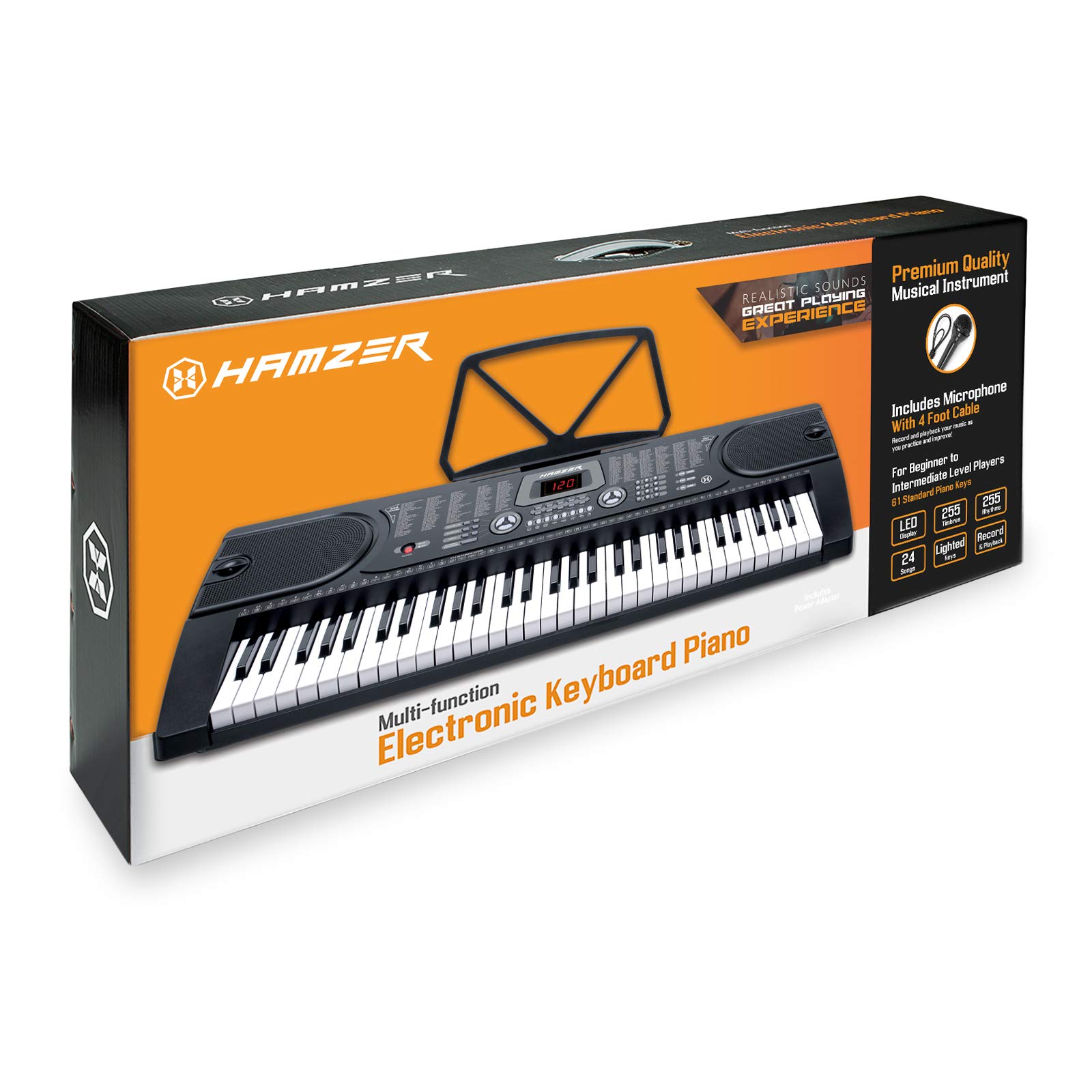 Hamzer 61-Key Electronic Keyboard Portable Digital Music Piano with Lighted Keys, H-Stand, Stool, Headphones, Microphone, & Sticker Set