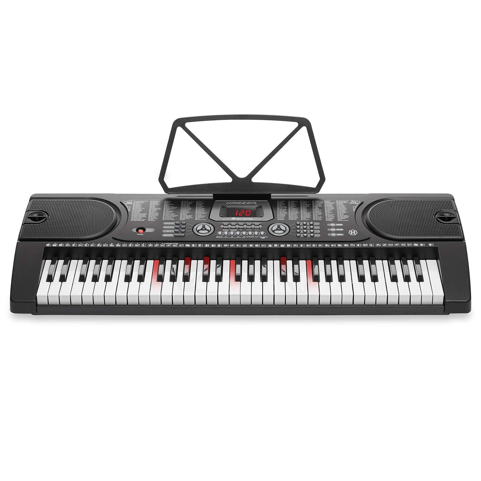 Hamzer 61-Key Electronic Keyboard Portable Digital Music Piano with Lighted Keys, H-Stand, Stool, Headphones, Microphone, & Sticker Set