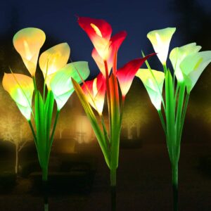 wosports solar lights outdoor garden stake flower lights, multi color changing led lily solar powered lights for patio, lawn, garden, yard decoration (solar lights outdoor 3pack)