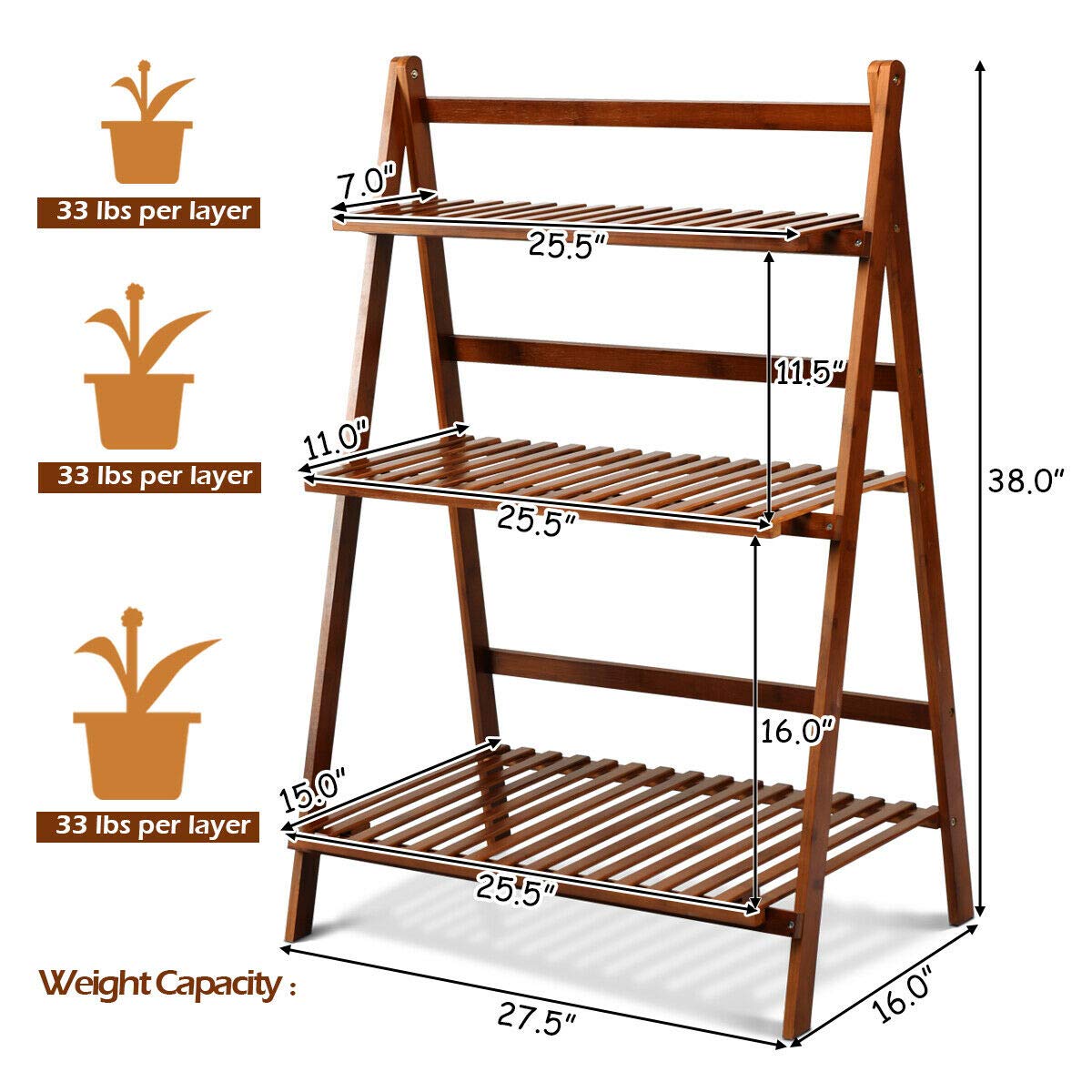 COSTWAY Bamboo Plant Stand, Foldable Multifunctional Flower Display Ladder Shelf, 3-Tier Storage Rack