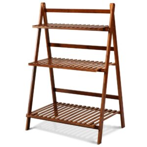 COSTWAY Bamboo Plant Stand, Foldable Multifunctional Flower Display Ladder Shelf, 3-Tier Storage Rack