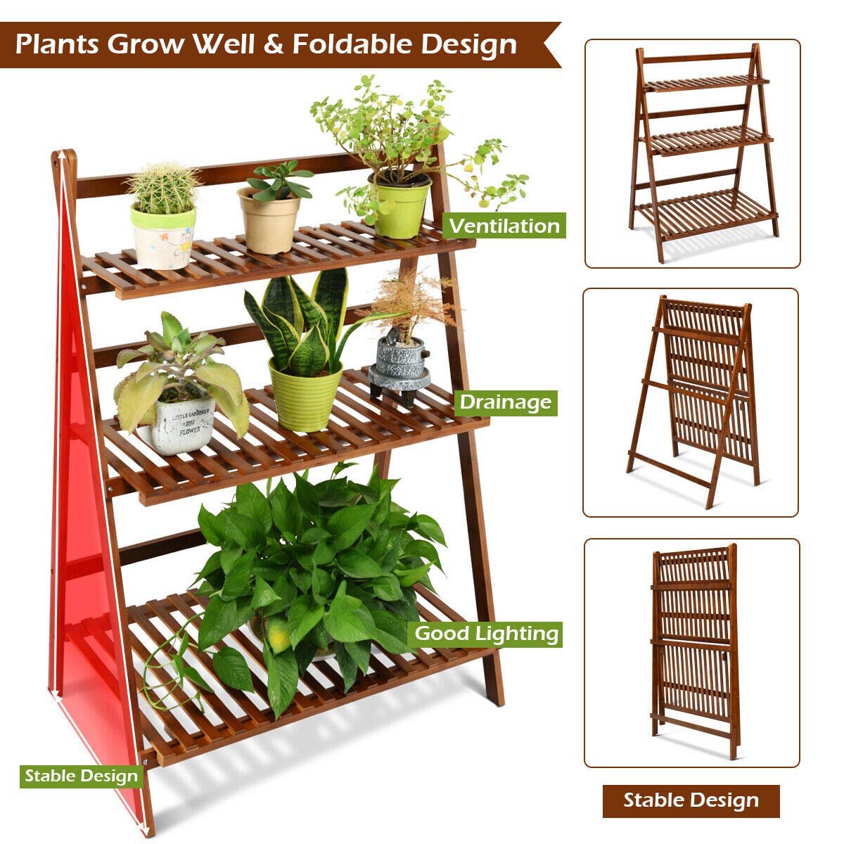 COSTWAY Bamboo Plant Stand, Foldable Multifunctional Flower Display Ladder Shelf, 3-Tier Storage Rack