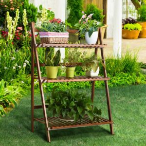 COSTWAY Bamboo Plant Stand, Foldable Multifunctional Flower Display Ladder Shelf, 3-Tier Storage Rack