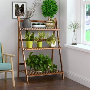 COSTWAY Bamboo Plant Stand, Foldable Multifunctional Flower Display Ladder Shelf, 3-Tier Storage Rack