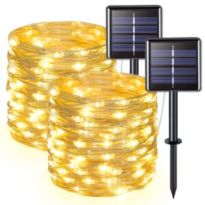 jmexsuss 2 pack solar fairy lights outdoor, 33ft 100 led solar string lights outdoor waterproof, 8 modes copper wire twinkle lights for patio tree garden christmas wedding party decoration(warm white)