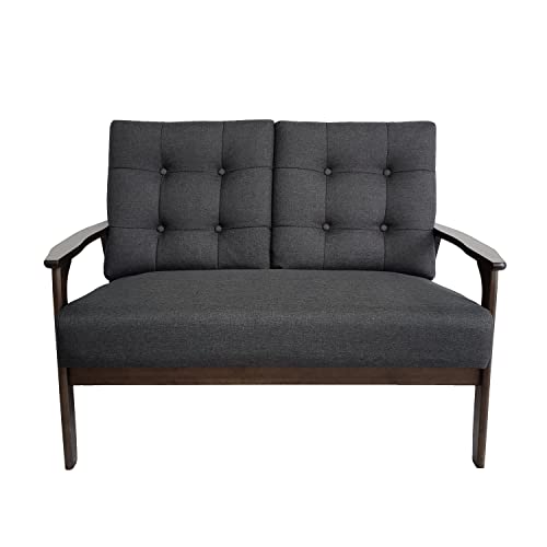 Christopher Knight Home Athena Mid Century Waffle Stitch Tufted Accent Loveseat with Rubberwood Legs-Black and Walnut Finish