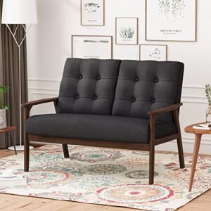 Christopher Knight Home Athena Mid Century Waffle Stitch Tufted Accent Loveseat with Rubberwood Legs-Black and Walnut Finish