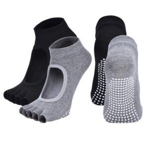 vanktion 2 pairs toeless yoga socks non-slip grips for pilates ballet dance barefoot workout cotton open toe women sports socks (black & grey)