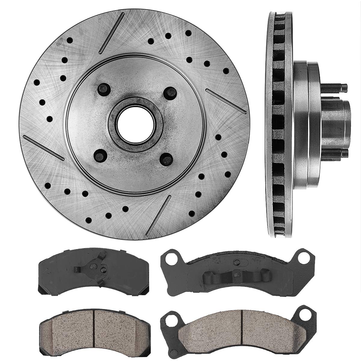 Callahan Front 4 Lug Drilled Slotted Brake Disc Rotors and Ceramic Brake Pads + Hardware Brake Kit For 1987-1993 Ford Mustang GT V8