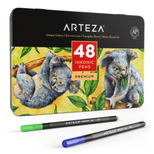 arteza inkonic fineliners pens, set of 48, 0.4 mm fine tip markers, water-based art pens for drawing, sketching, journaling, calligraphy