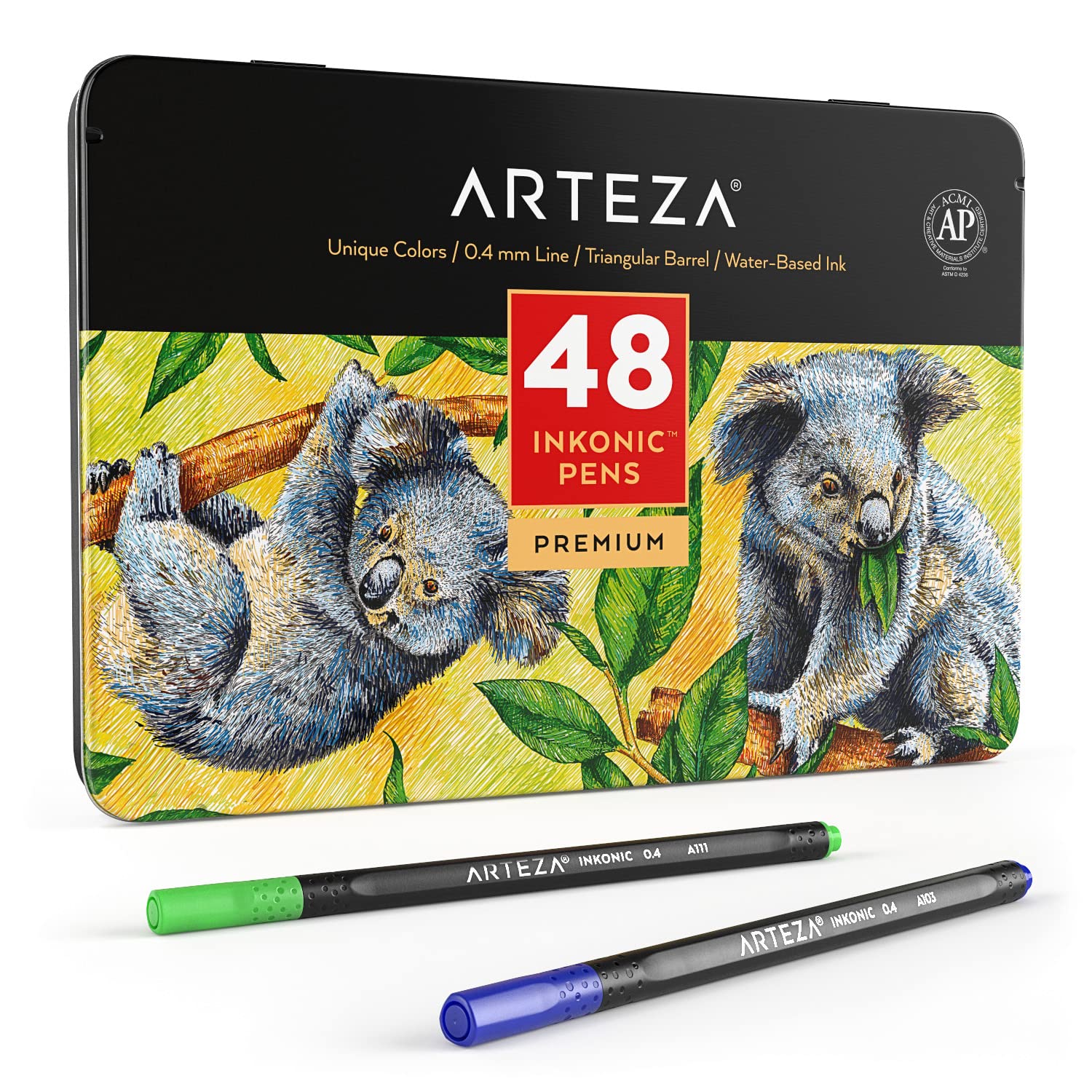 ARTEZA Inkonic Fineliners Pens, Set of 48, 0.4 mm Fine Tip Markers, Water-Based Art Pens for Drawing, Sketching, Journaling, Calligraphy