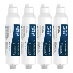 aqua crest rv inline hose water filter, garden and camper water filter, nsf certified, greatly reduces chlorine, bad taste, odor, 4 pack new label design