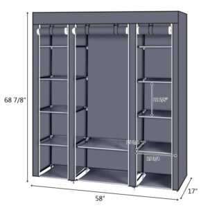 59" SP512 Portable Closet Organizer Non-Woven Fabric Clothes Wardrobe Closet Shelves,Quick and Easy to Assemble (Grey)