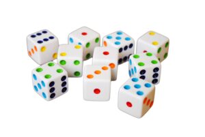 hobby monsters 10 d6 16mm white dice with multi-colored pips