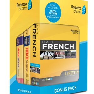 Rosetta Stone Learn French Bonus Pack Bundle| Lifetime Online Access + Grammar Guide + Dictionary Book Set| PC/Mac Keycard