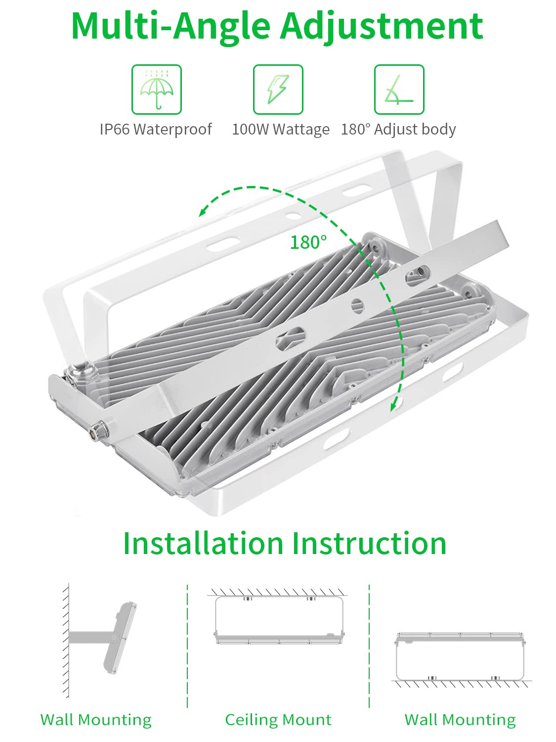 Viugreum 100W LED Flood Light, 8000LM 6000K Daylight White, 500W Halogen Bulb Equivalent, Super Bright Slim Outdoor Work Light IP66 Waterproof Security Light Fixture for Garage, Garden, Lawn, Yard