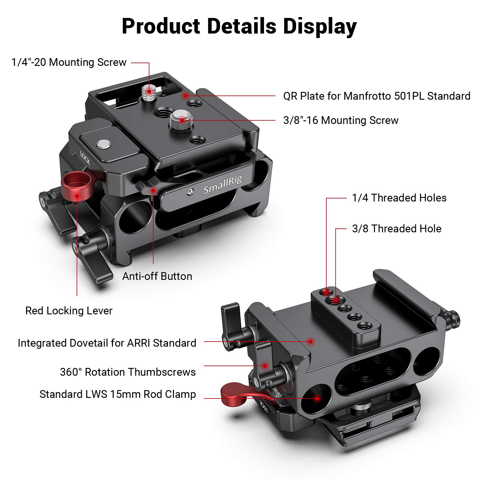 SMALLRIG BMPCC Baseplate for Manfrotto 501PL Compatible with Black Design Pocket Cinema Camera 4K & 6K – 2266