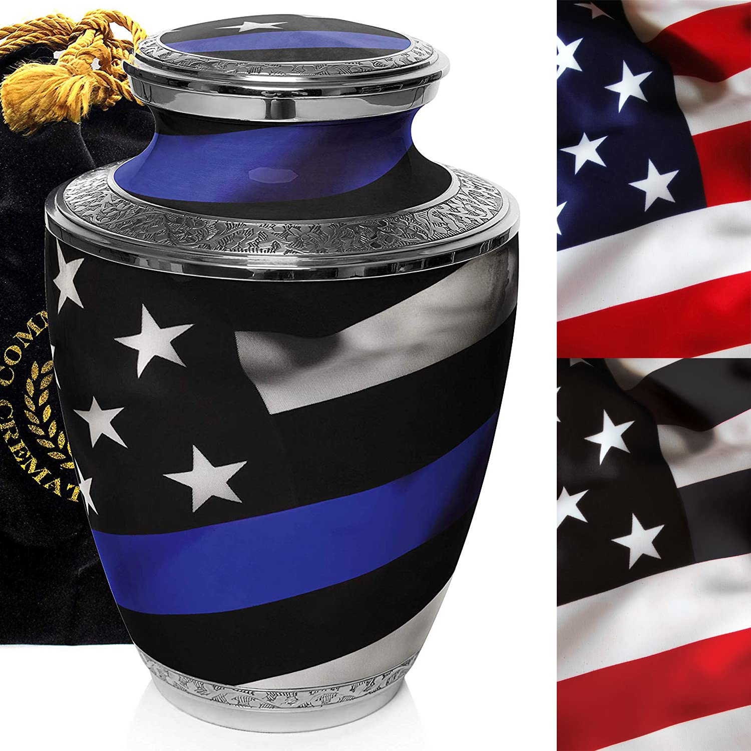 Blue Line Flag Police Cremation Urns for Adults for Funeral, Burial or Home. Cremation Urns for Ashes Adult Male Large Urns for Dad and Cremation Urns for Human Ashes Large