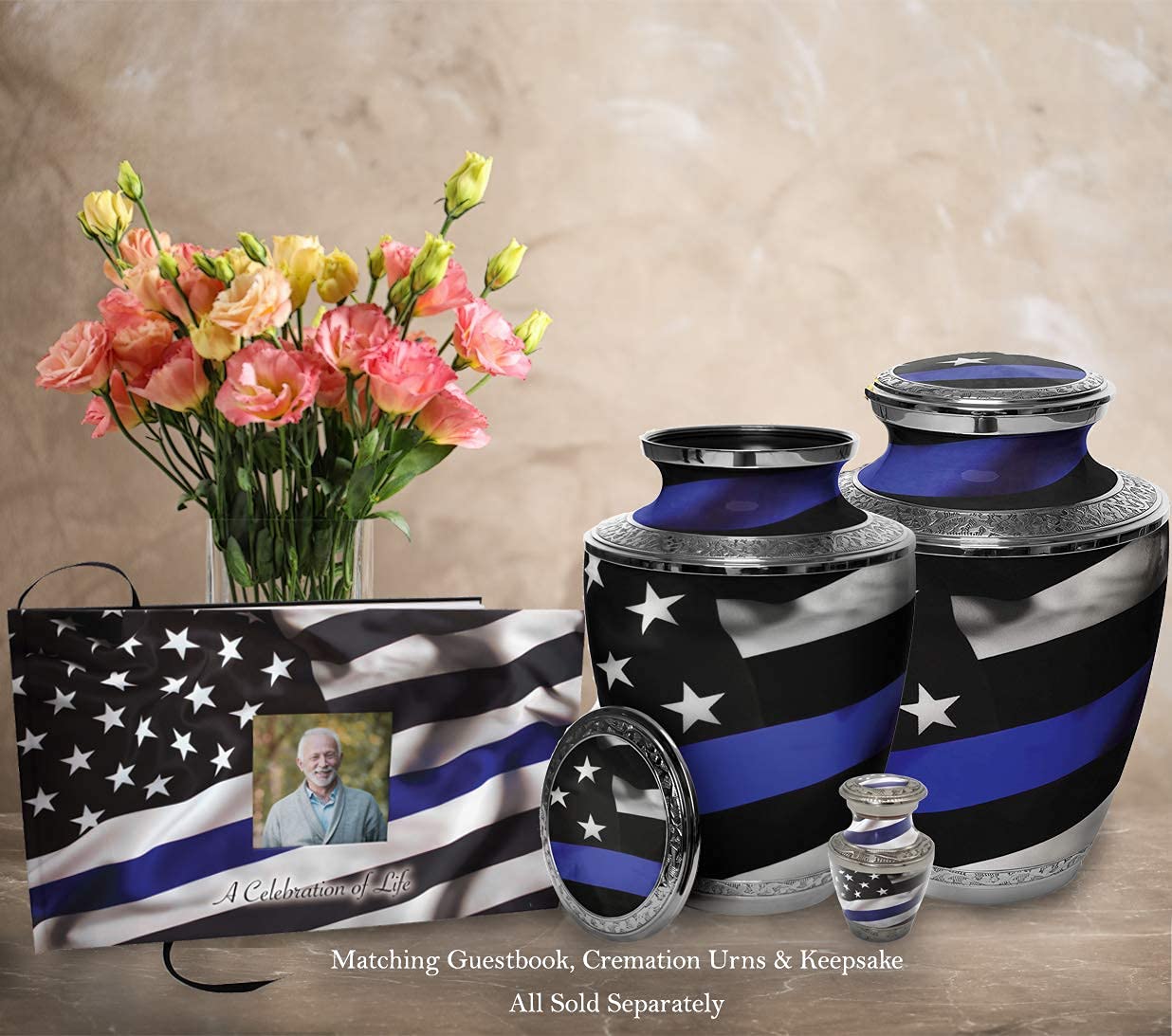 Blue Line Flag Police Cremation Urns for Adults for Funeral, Burial or Home. Cremation Urns for Ashes Adult Male Large Urns for Dad and Cremation Urns for Human Ashes Large