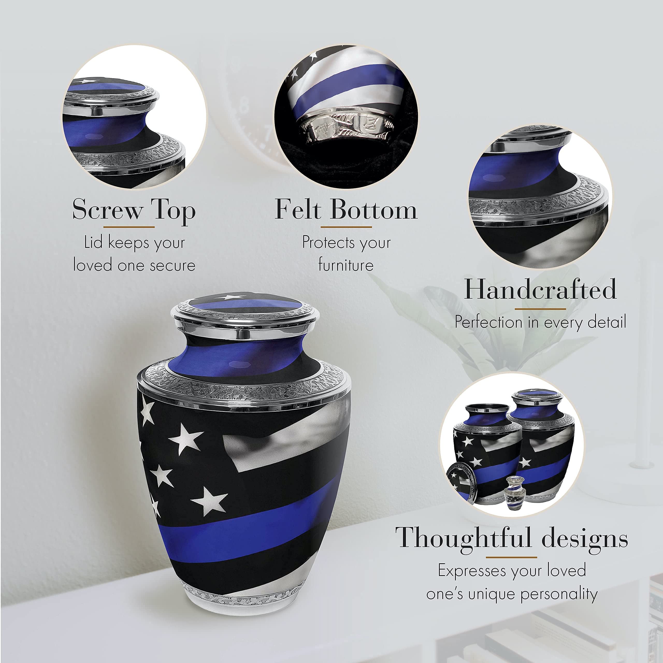 Blue Line Flag Police Cremation Urns for Adults for Funeral, Burial or Home. Cremation Urns for Ashes Adult Male Large Urns for Dad and Cremation Urns for Human Ashes Large