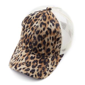 c.c hatsandscarf faux suede leopard print fabric ponytail baseball cap (bt-44) (leopard)