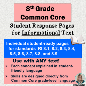 common core reading - informational text - student response pages for 8th grade