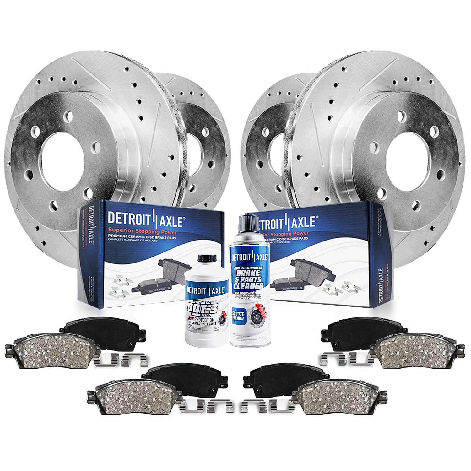 Detroit Axle - Brake Kit for 2012-2020 Ford F-150 [w/Manual Parking Brake] Drilled & Slotted Brake Rotors Ceramic Brakes Pads 2013-2019 Front and Rear Replacement : 13.78" Front & 13.70" Rear Rotors