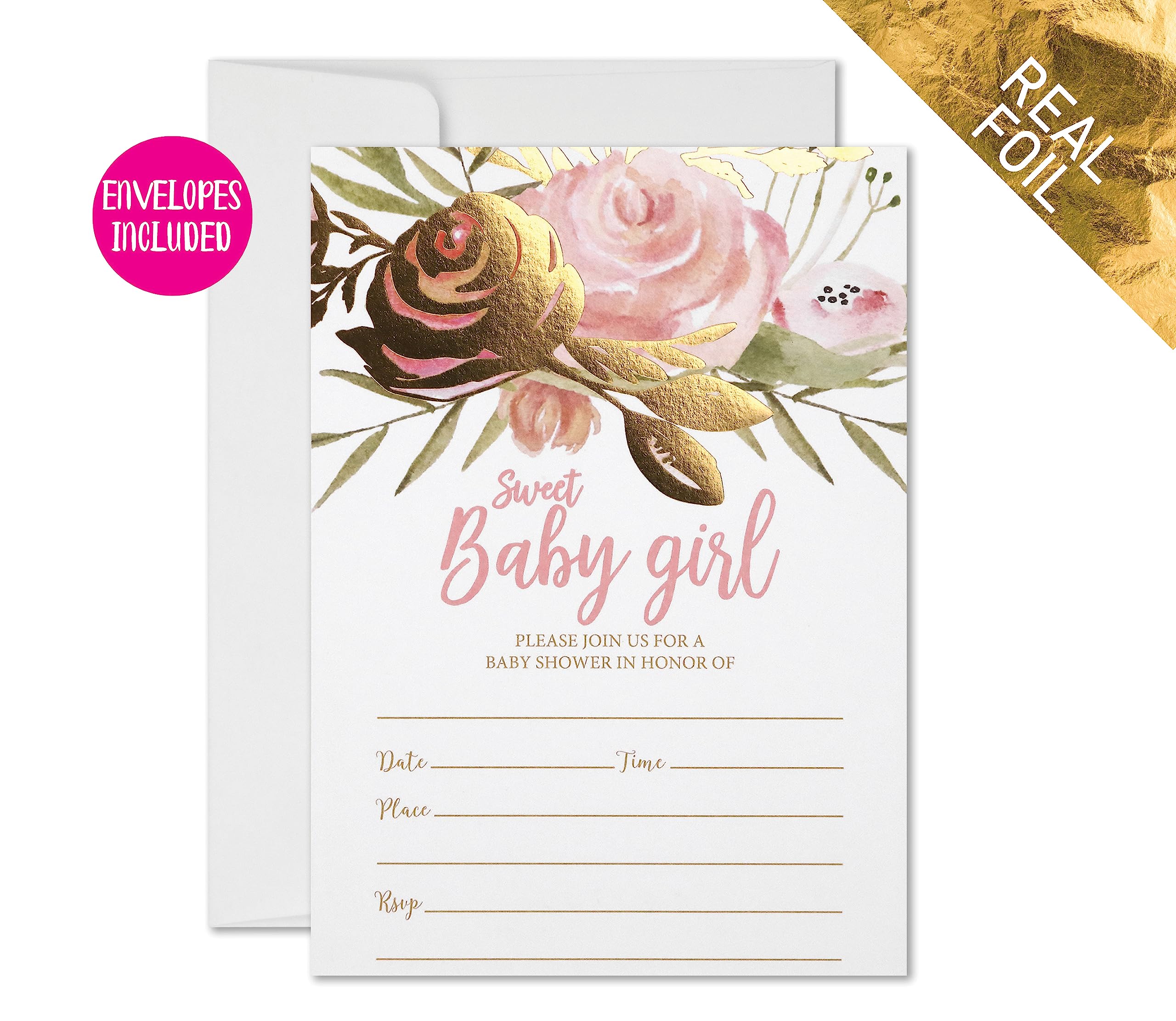 All Ewired Up 50 Baby Shower Invitations, Real Gold Foil Pink Blush Sweet Baby Girl Shower Invites and Envelopes (Large Size 5x7) Floral Roses Greenery Stunning Design