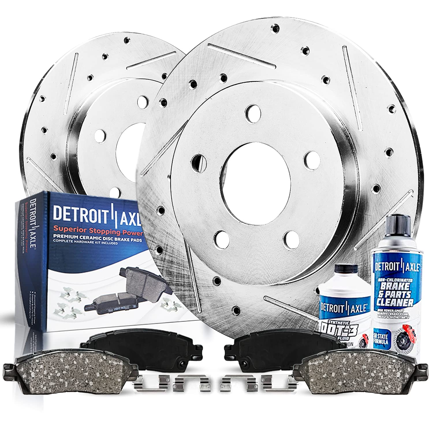 Detroit Axle - REAR Brake Kit for 2012-2018 Ford Focus Drilled & Slotted Disc Brake Rotors Ceramic Brakes Pads 2013 2014 2015 2016 2017 Replacement: 10.67" inch Rotor