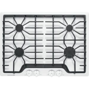 frigidaire ffgc3026sw 30" ada compliant gas cooktop with 41500 total btu 4 sealed burners continuous cast iron grates electronic pilotless ignition and ready-select controls in white