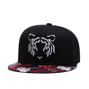 clotime tiger embroidered floral snapback hat 3d rose floral print visor caps twill flat bill adjustable baseball cap (black rose tiger)