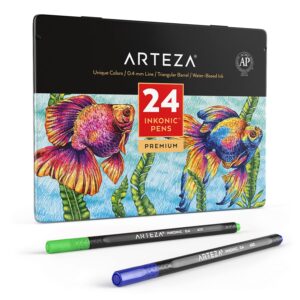 arteza inkonic fineliners pens, set of 24, 0.4 mm fine tip markers, water-based art pens for drawing, sketching, journaling, calligraphy