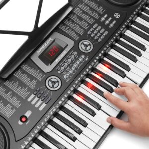 Hamzer 61-Key Electronic Keyboard Portable Digital Music Piano with Lighted Keys, Microphone & Sticker Set