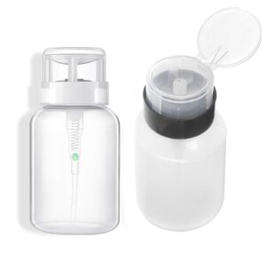 akoak pack of 2 push down empty lockable pump dispenser bottle for nail polish and makeup remover,200ml(6.8oz),black and white top cap