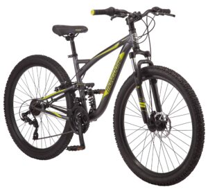 mongoose status 2.4 men and women mountain, 27.5-inch wheels, 21-speed shifters, aluminum frame, dual suspension, dark silver