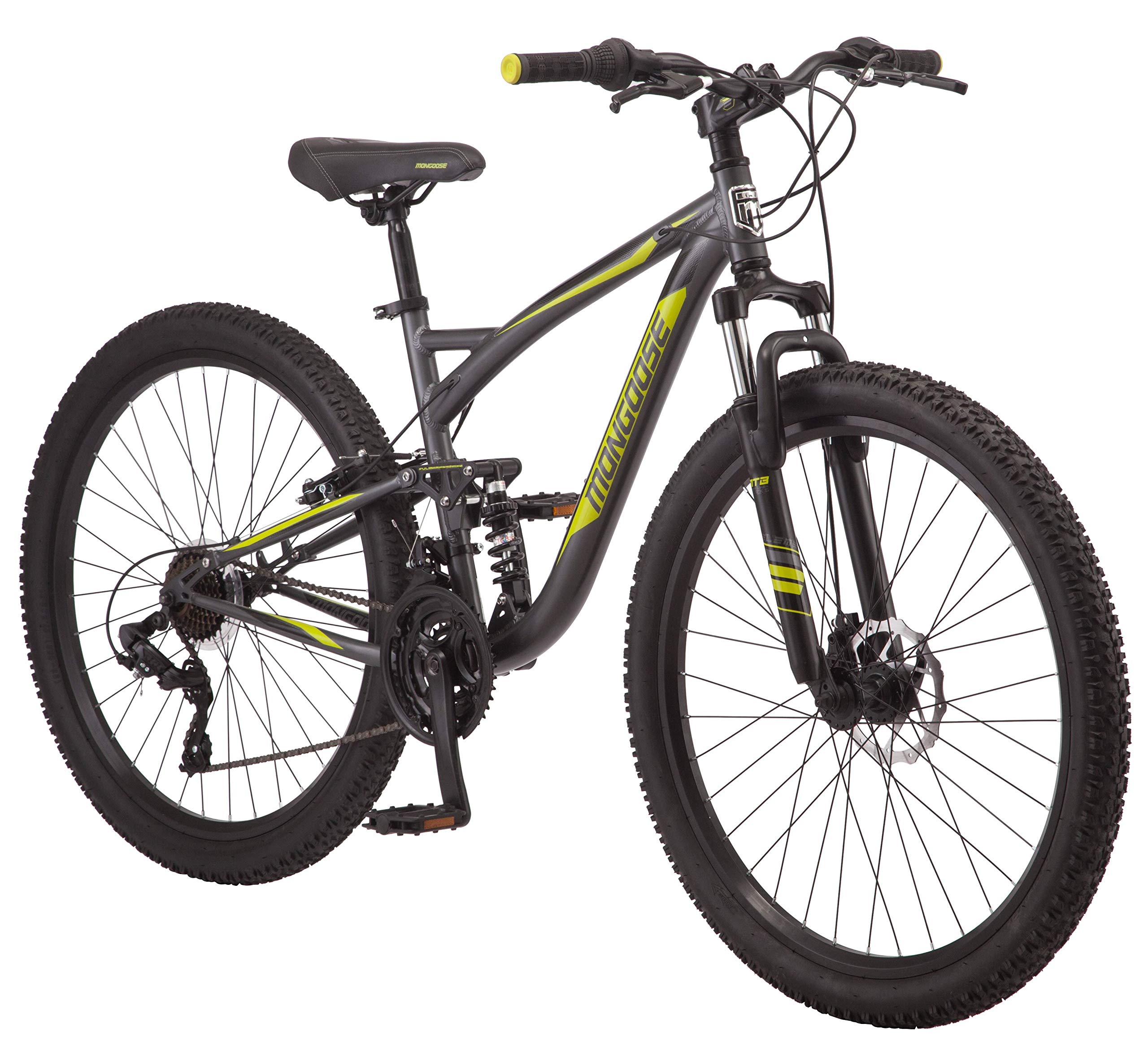 Mongoose Status 2.4 Men and Women Mountain, 27.5-Inch Wheels, 21-Speed Shifters, Aluminum Frame, Dual Suspension, Dark Silver