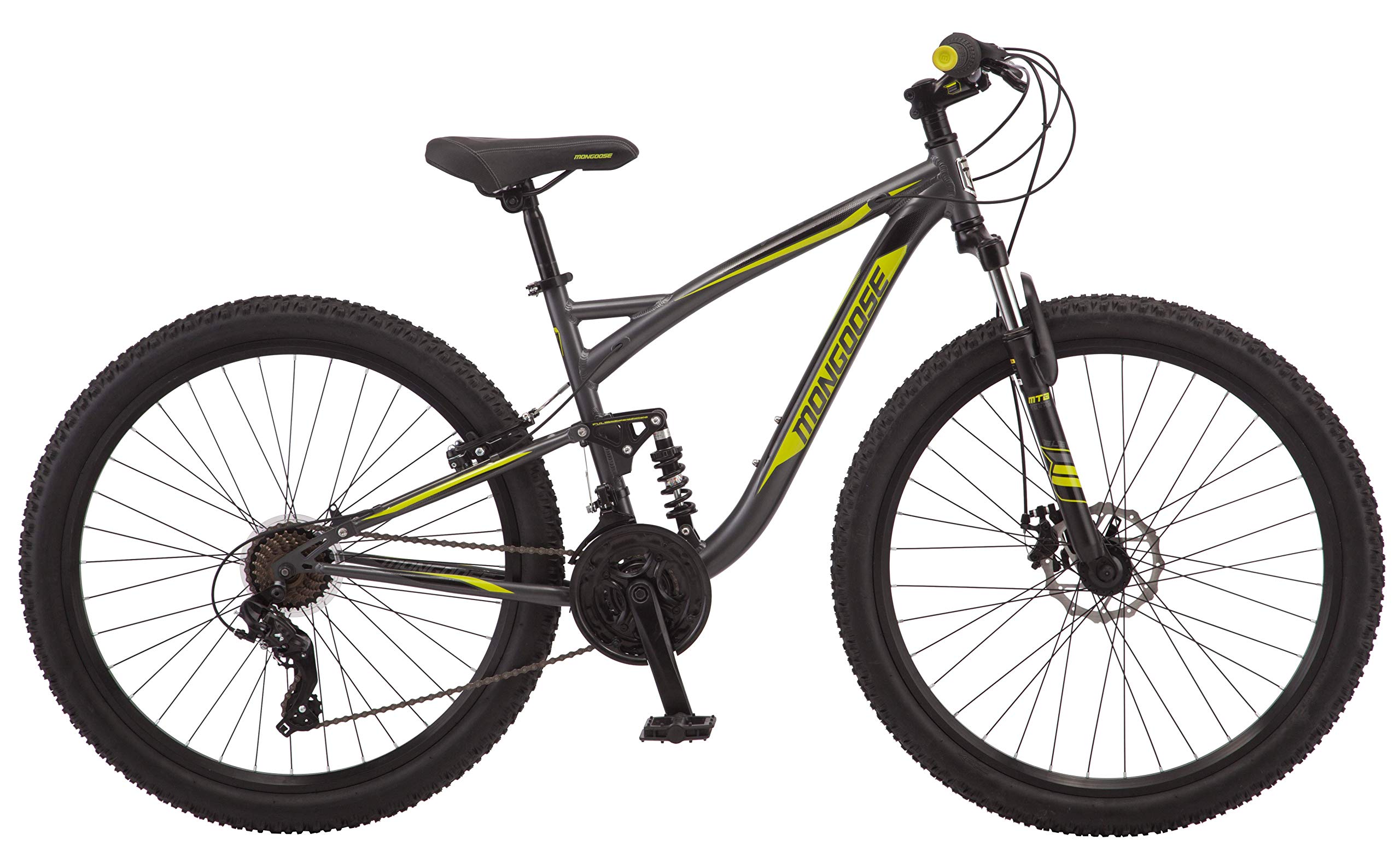 Mongoose Status 2.4 Men and Women Mountain, 27.5-Inch Wheels, 21-Speed Shifters, Aluminum Frame, Dual Suspension, Dark Silver