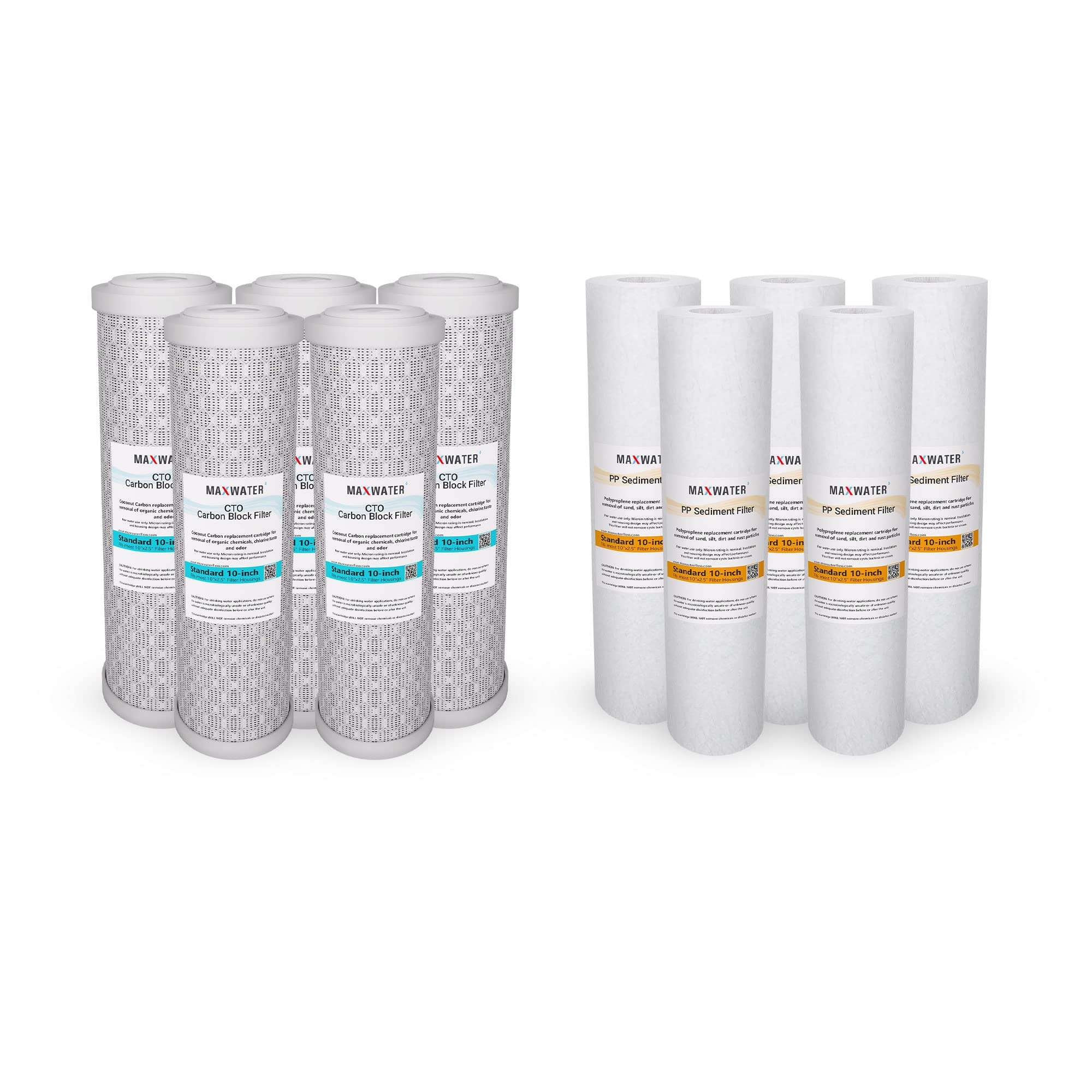 (10 Pack) Reverse Osmosis Replacement Filters 1 Micron Melt-Blown Polypropylene Sediment & 5 Micron CTO Carbon Block Water Filters for Standard & Whole House Water Filtration Systems