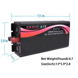 KRXNY 2000W 24V DC to 110V 120V AC 60HZ Pure Sine Wave Power Inverter Converter with LED Display for Car RV Home Solar