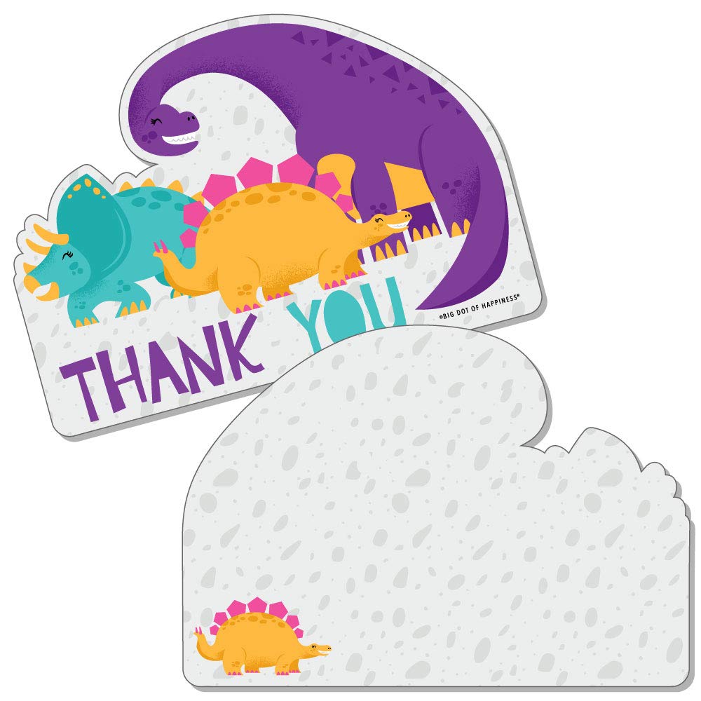 Big Dot of Happiness - Roar Dinosaur Girl - Shaped Thank You Cards - Dino Mite Baby Shower or Birthday Party Thank You Note Cards with Envelopes - Set of 12